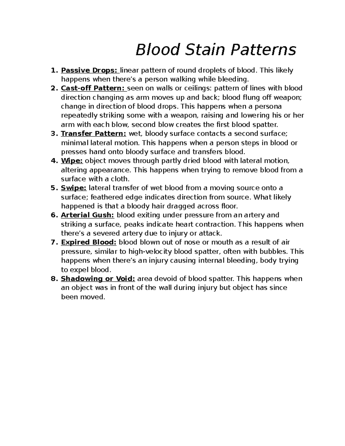Blood Stain Patterns - ……….. - Blood Stain Patterns 1. Passive Drops ...