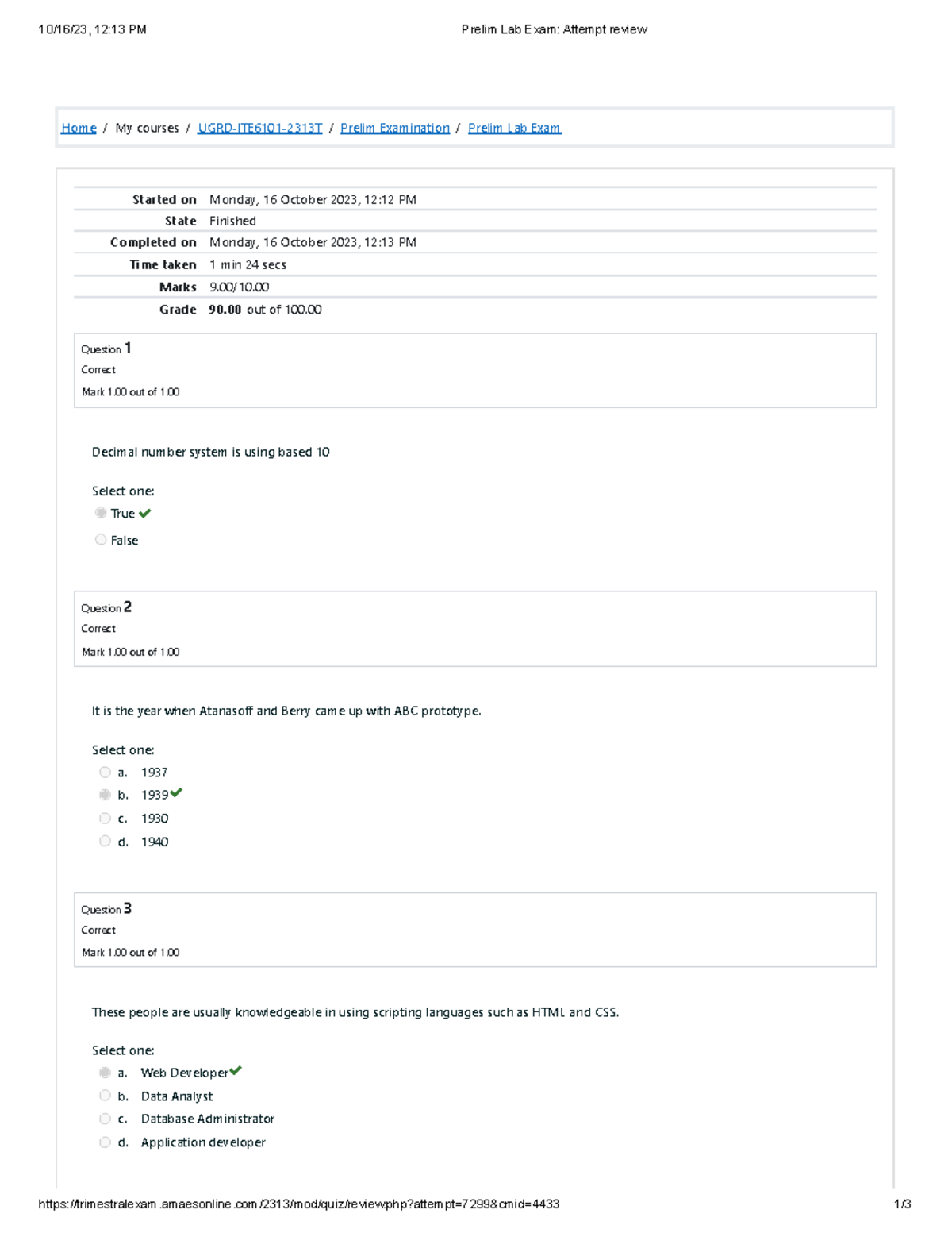 Prelim Lab Exam comp Fund-Lab - 10/16/23, 12:13 PM Prelim Lab Exam: Attempt review - Studocu