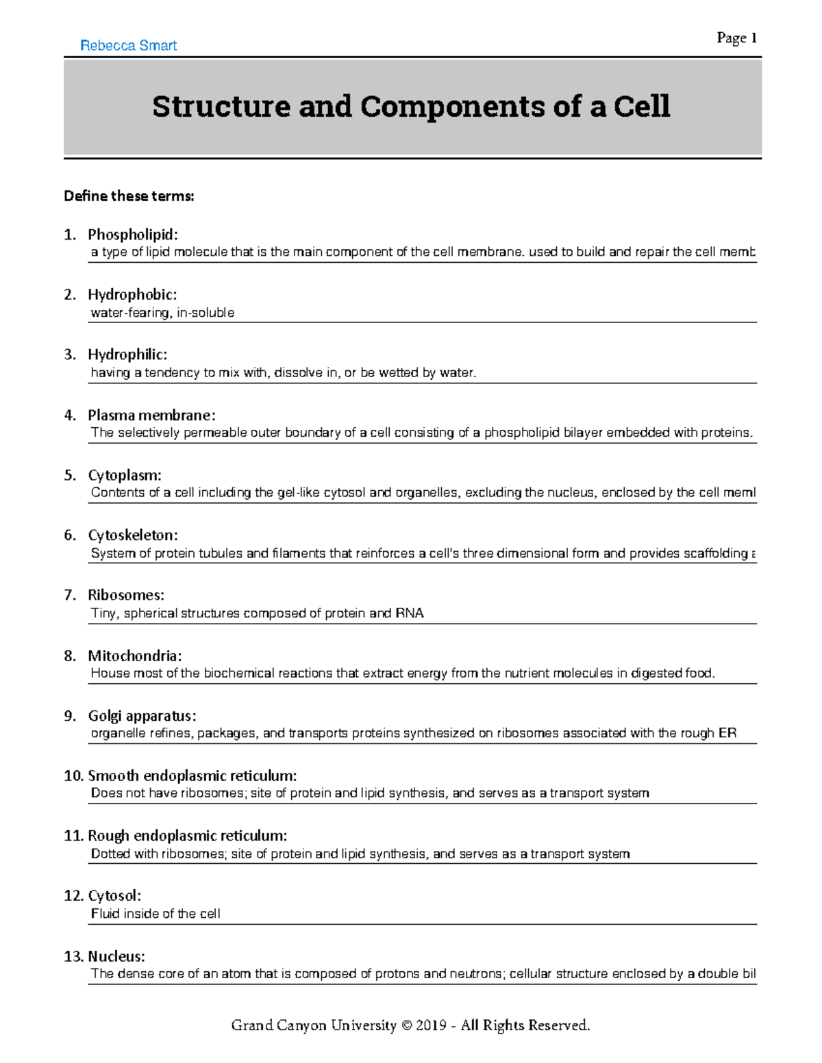 BIO 191L RS Lab1The Cell Fillable - Structure and Components of a Cell ...