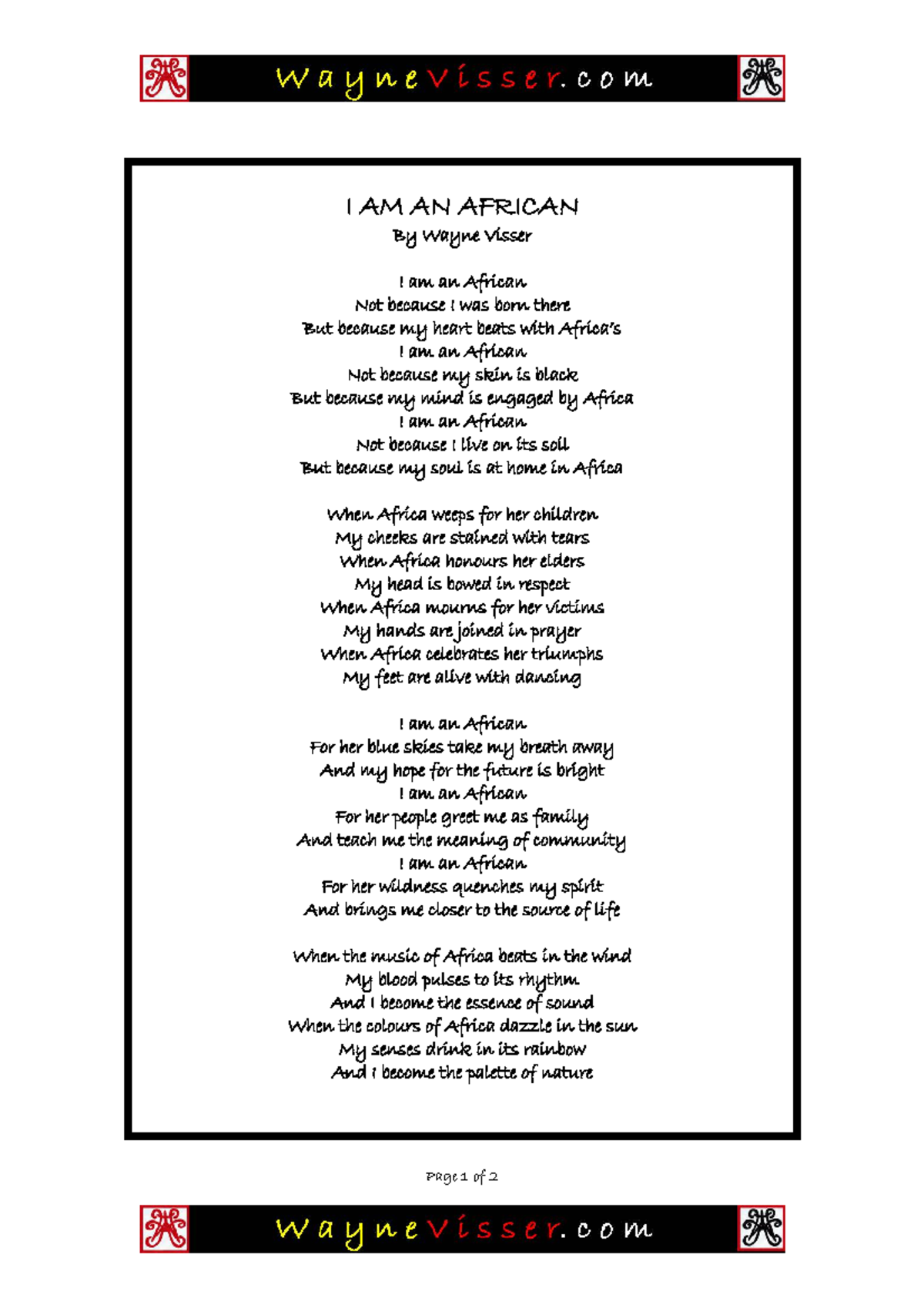 Poem waynevisser i am an african - I AM AN AFRICAN By Wayne Visser I am ...