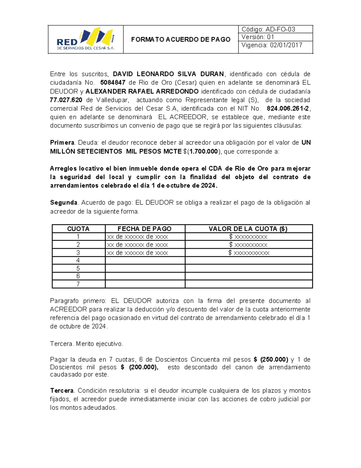 1 Formato DE Acuerdo DE PAGO - FORMATO ACUERDO DE PAGO Código: AD-FO ...