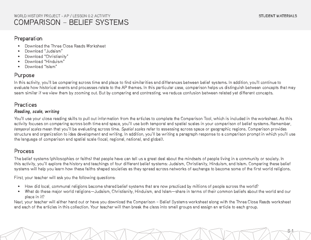 WHP-AP 0-2-3 Activity - Comparison - Belief Systems Student - STUDENT ...