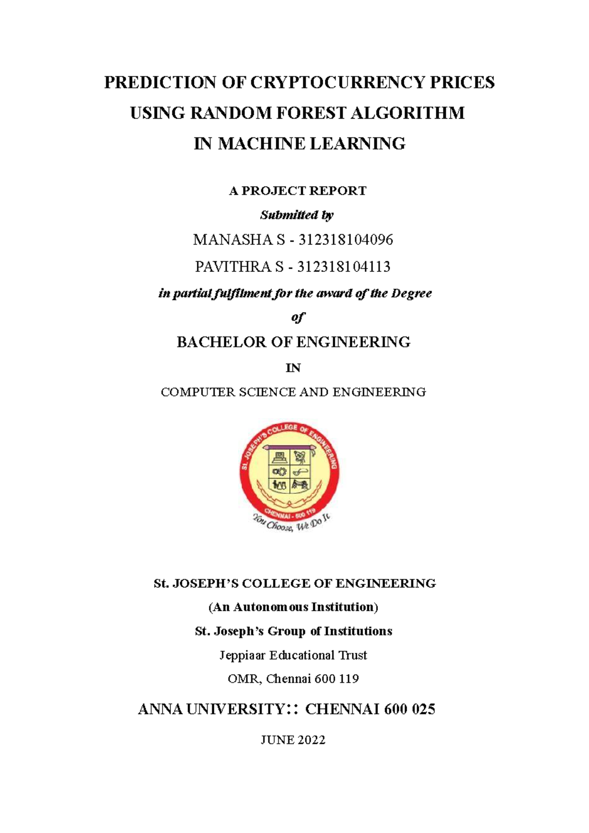 Sample report - nil - PREDICTION OF CRYPTOCURRENCY PRICES USING RANDOM ...