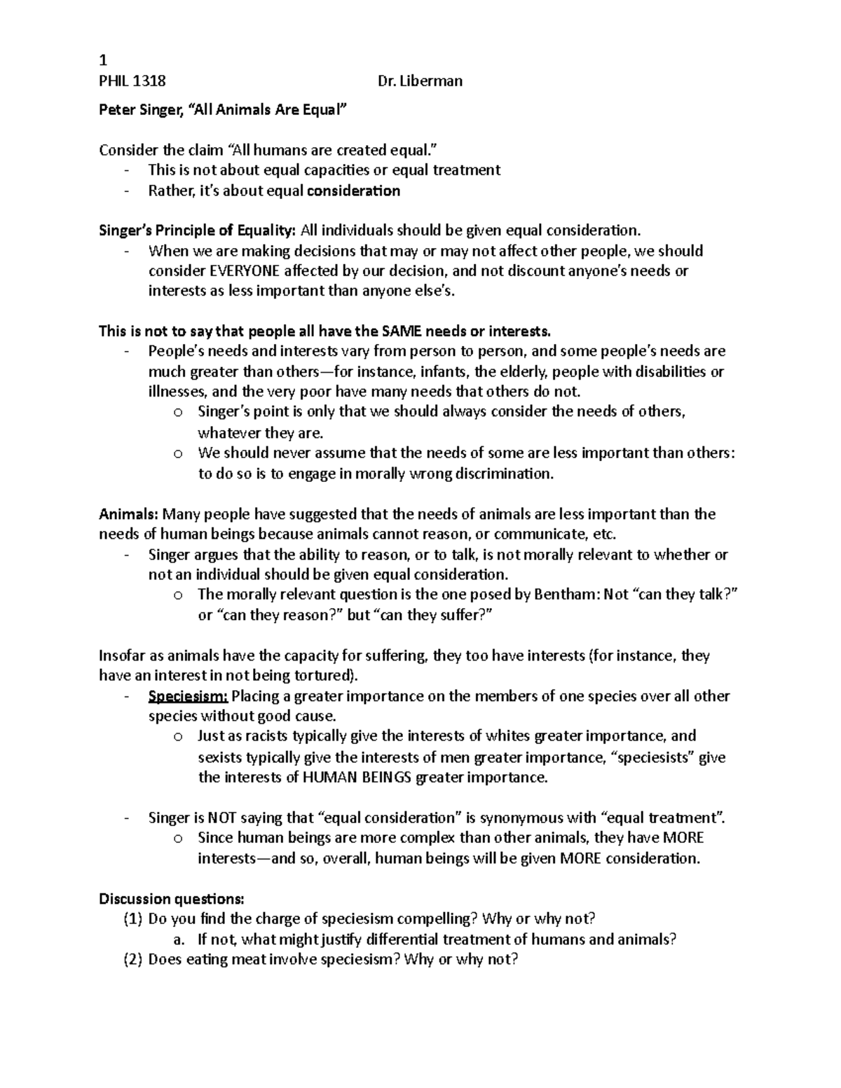 W11C1 Singer Animal Ethics Zoom Handout - 1 PHIL 1318 Dr. Liberman ...