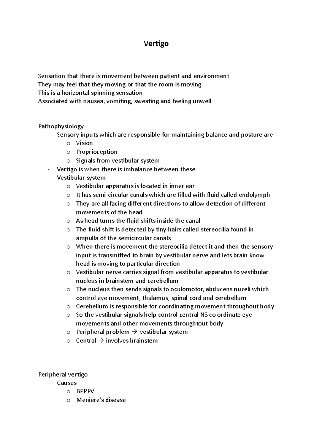 Vertigo lecture notes - Vertigo Sensation that there is movement ...