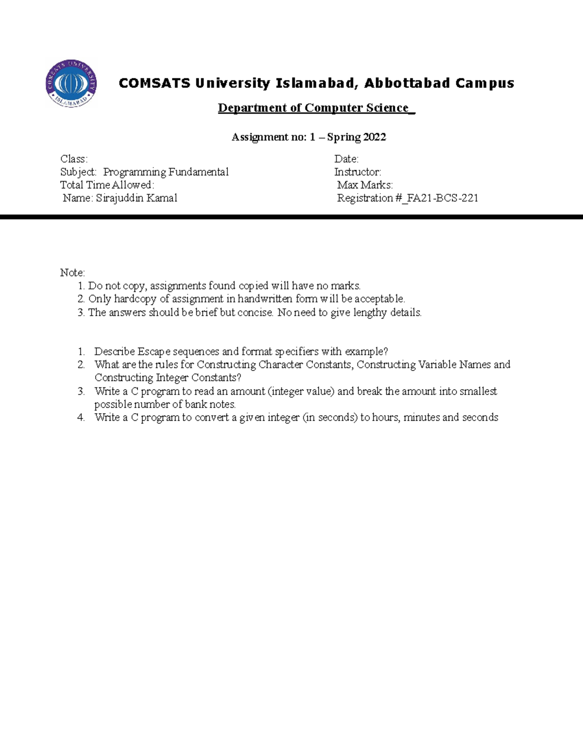 Assignment 1st programming - COMSATS University Islamabad, Abbottabad Campus Department of ...