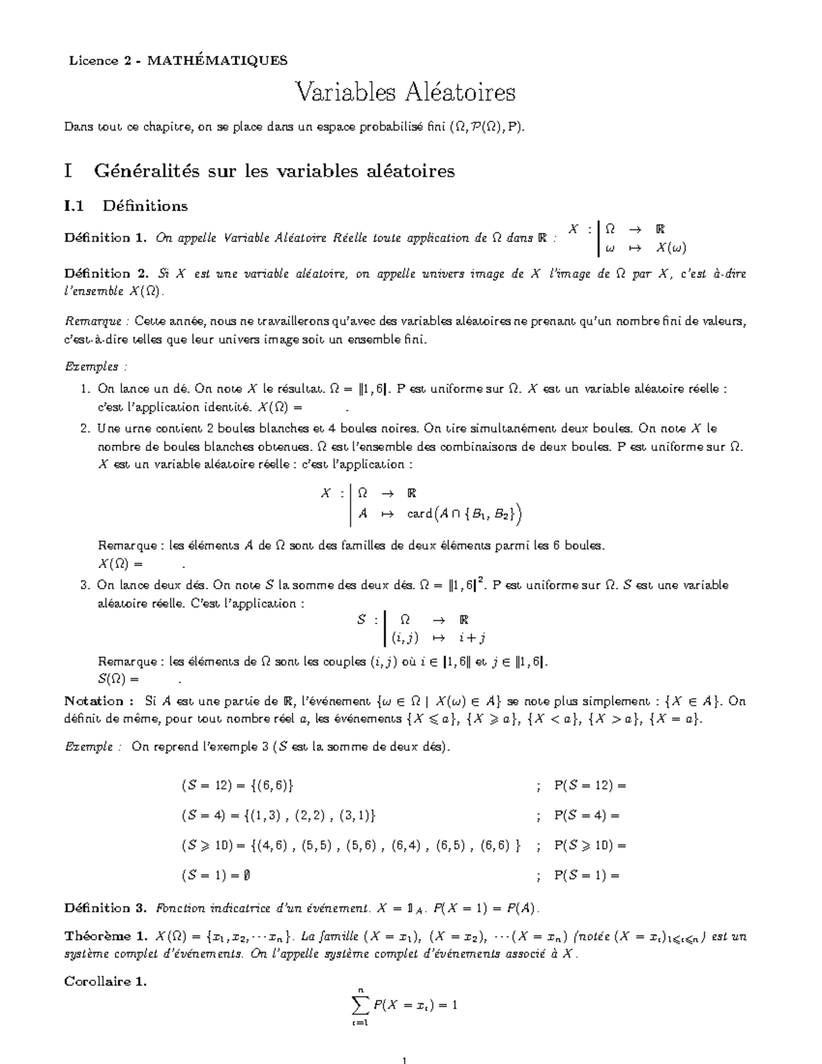Variables Aléatoires - Licence 2 - MATH ́EMATIQUES Universit ́e ...