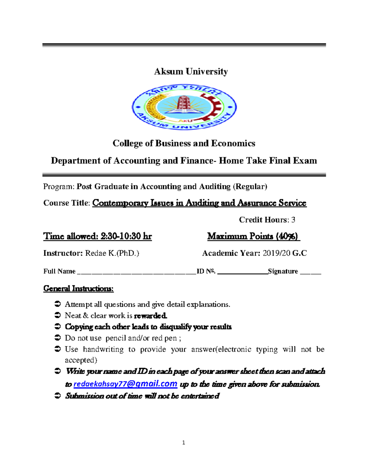 Contemporary Issues in Audting Home take exam - Aksum University ...