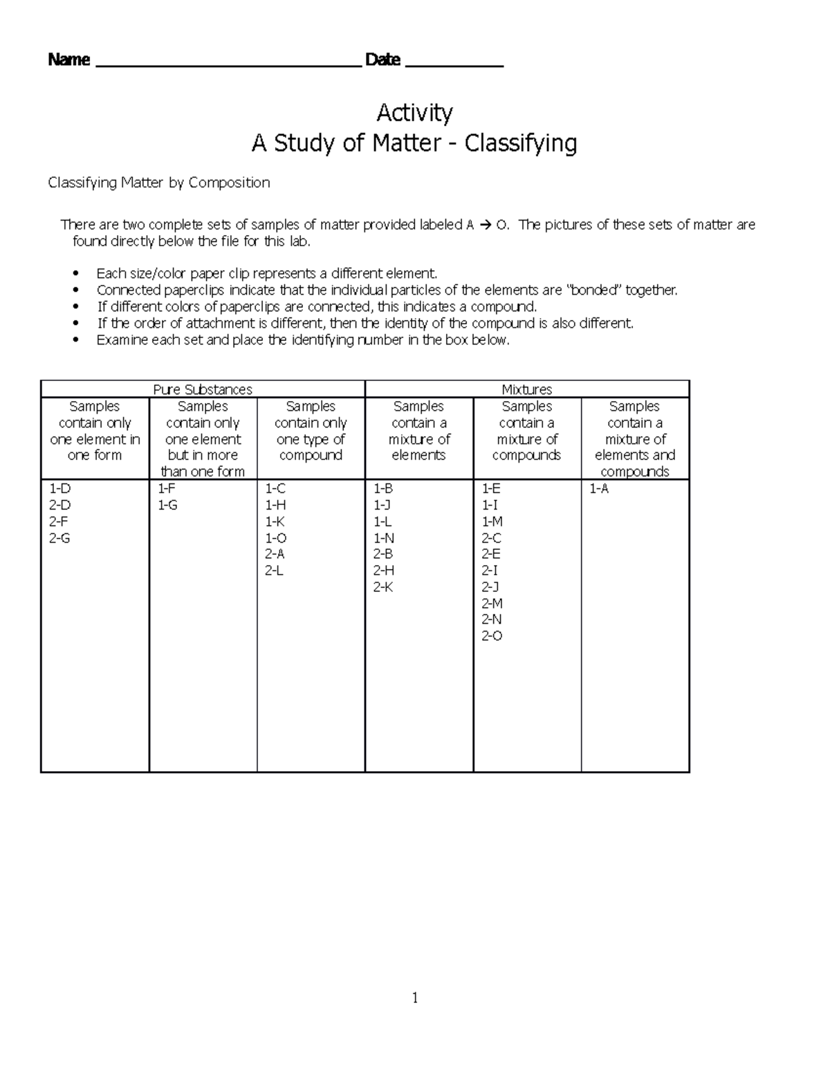 Activity - Classifying Matter - Activity A Study of Matter ...