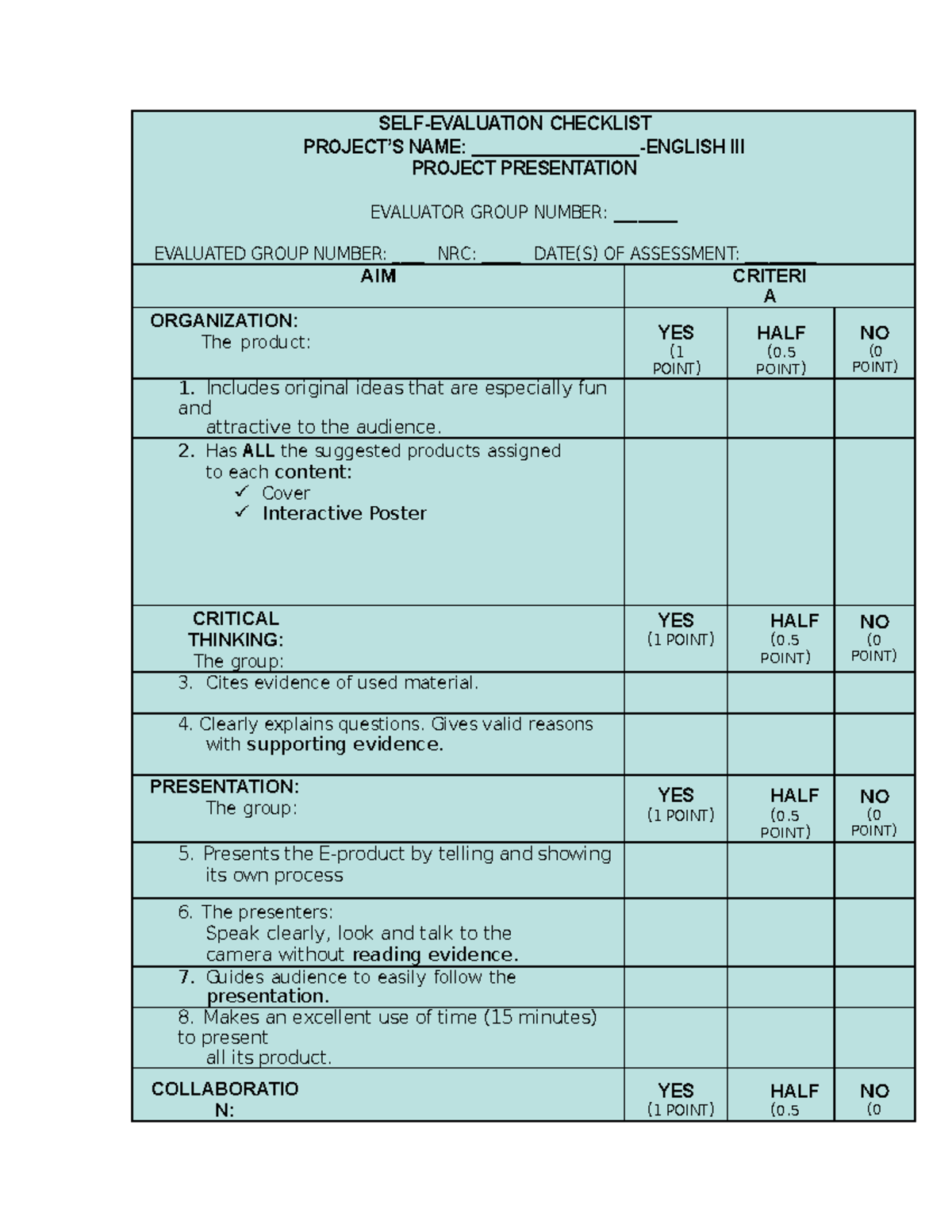 SELF- Assessment English III September 2022 - SELF-EVALUATION CHECKLIST ...