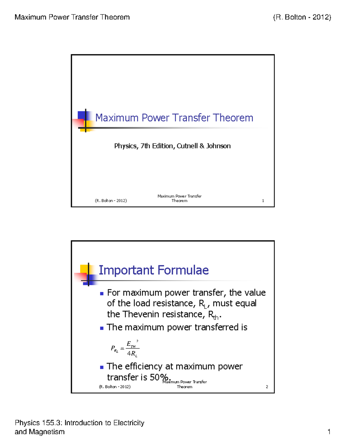 Seminar assignments - Maximum power transfer examples and expl ...