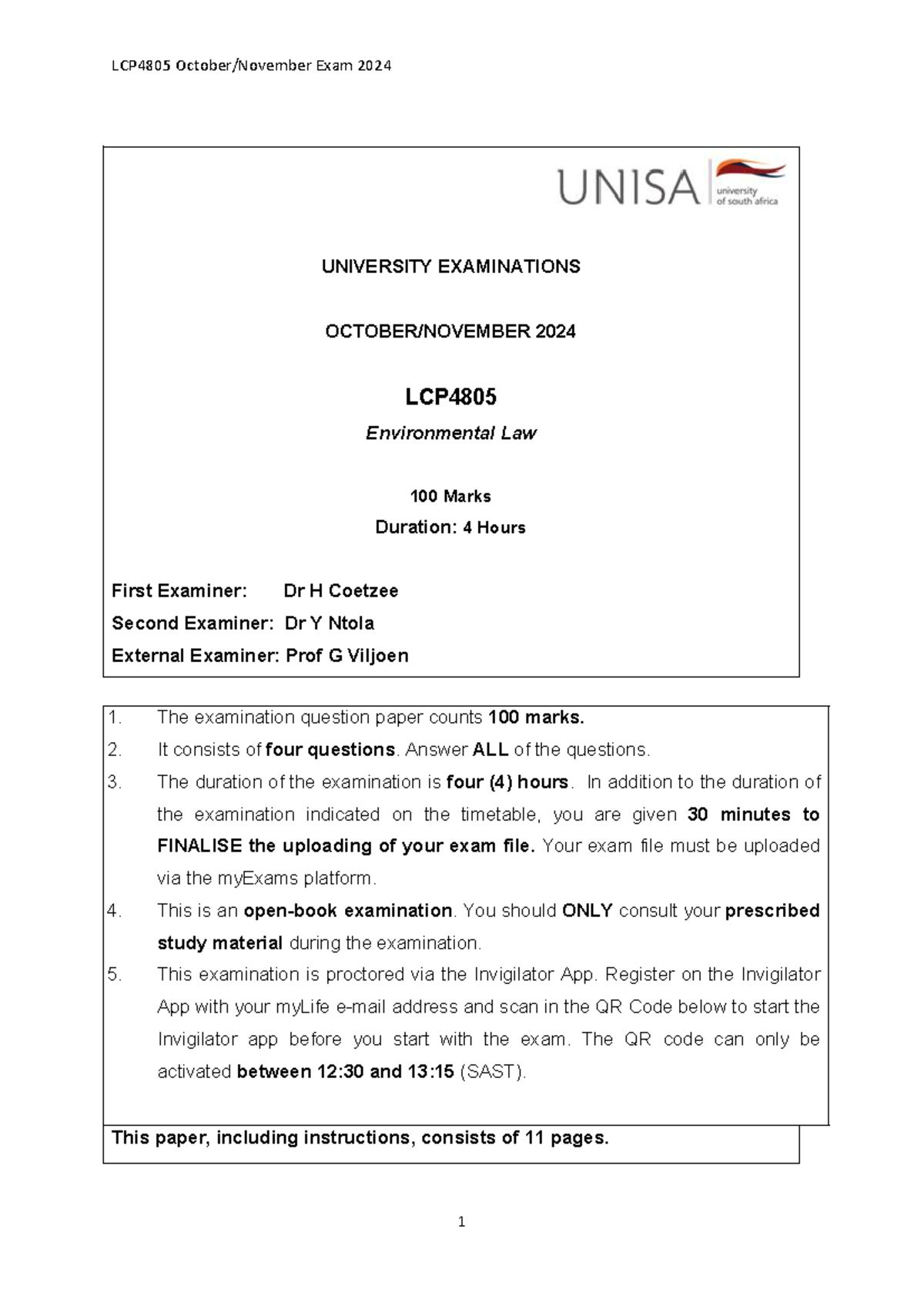 LCP4805 EQP Oct-Nov 2024 - UNIVERSITY EXAMINATIONS OCTOBER/NOVEMBER 2024 LCP Environmental Law ...