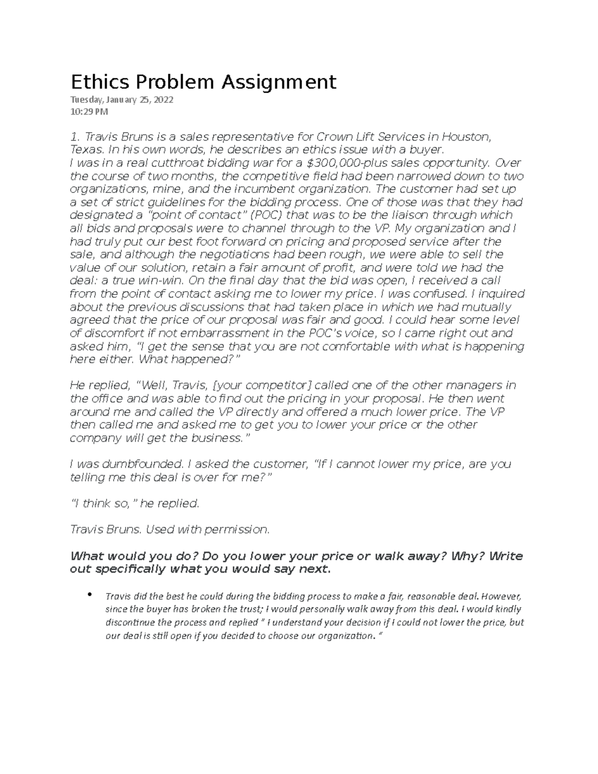 Ethics Problem Assignment - Ethics Problem Assignment Tuesday, January ...