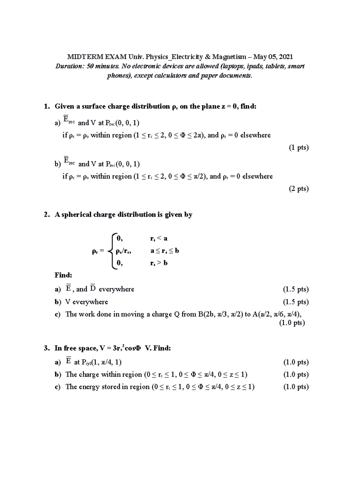 Mid-Term Exam EM 2021 - uhhh - MIDTERM EXAM Univ. Physics_Electricity & Magnetism – May 05, 2021 ...