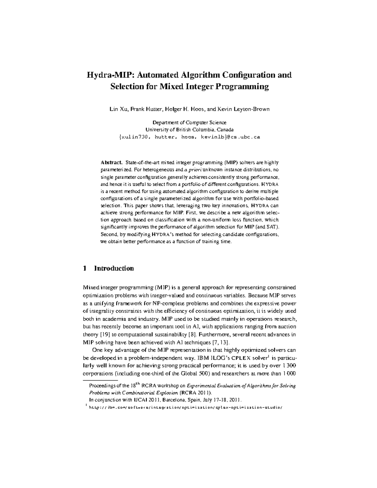 Hydra-MIP Automated Algorithm Configuration and Selection for Mixed Integer Programming - Studocu
