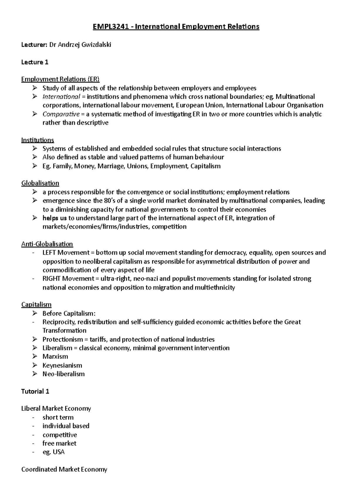 EMPL3241 Notes - EMPL3241 - International Employment Relations Lecturer ...