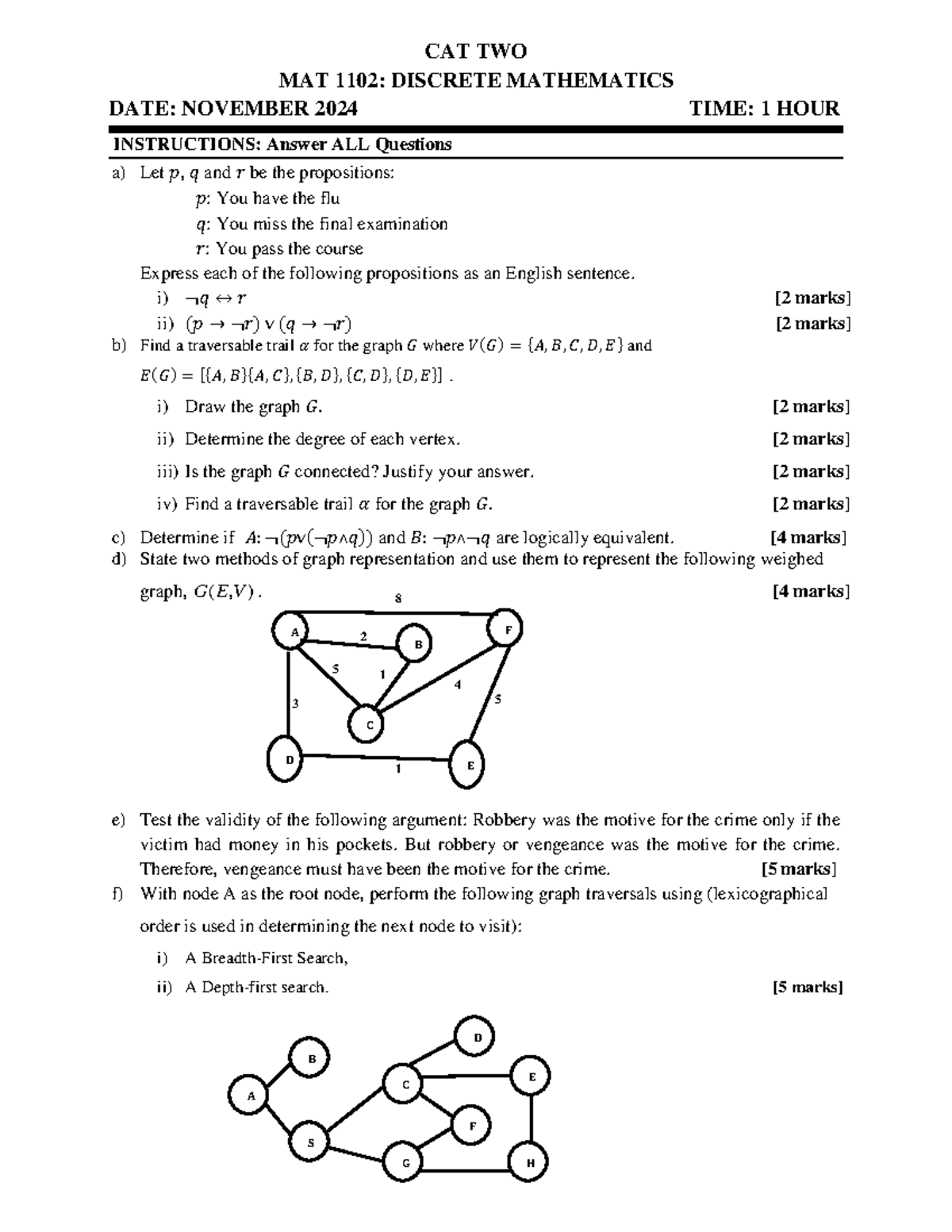 Discrete Mathematics CAT TWO - CAT TWO MAT 1102 : DISCRETE MATHEMATICS ...