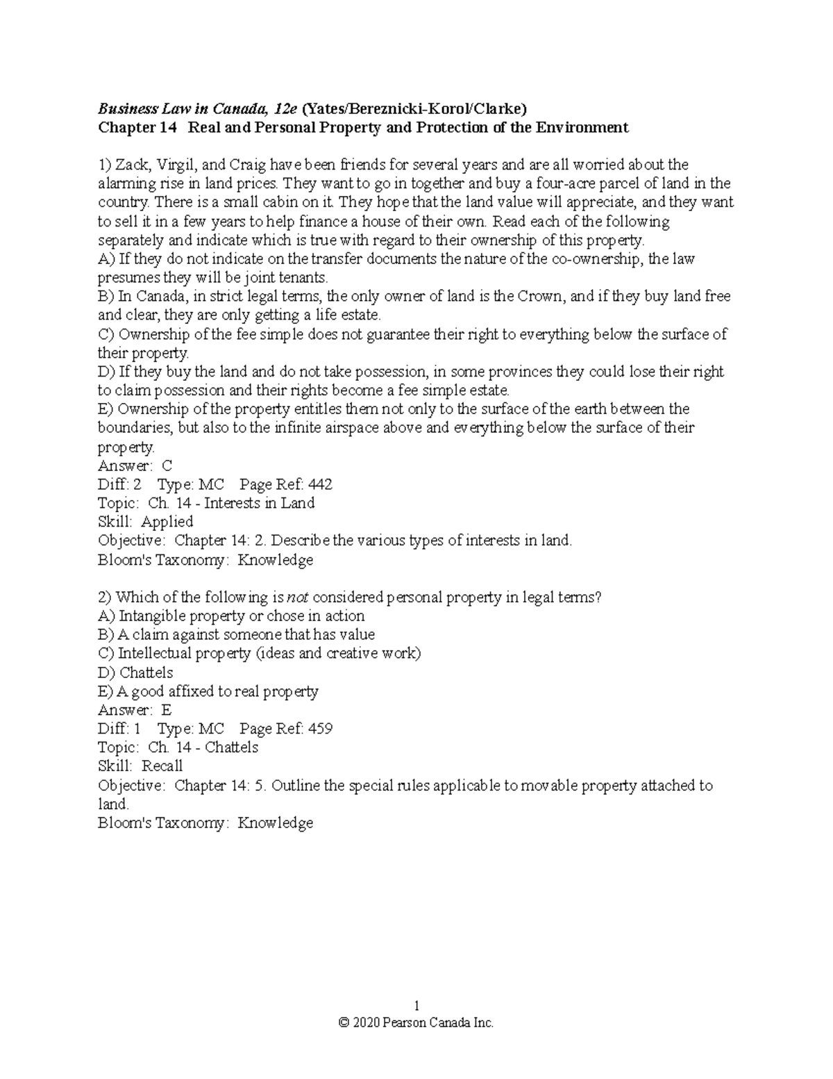 Test bank Answers Chapter 14 - Business Law in Canada, 12e (Yates ...