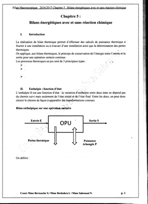 Chapitre 001-1 - bilan macroscopique - Studocu