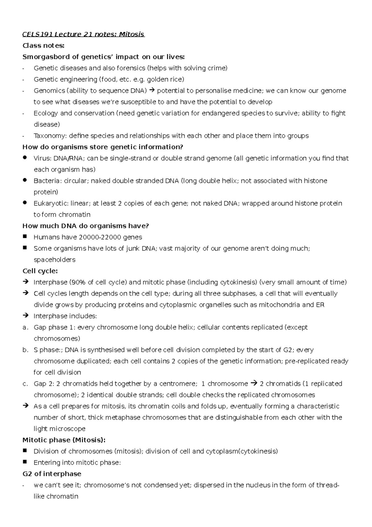 CELS191 Lecture 21 notes - CELS 191 Lecture 21 notes: Mitosis Class ...