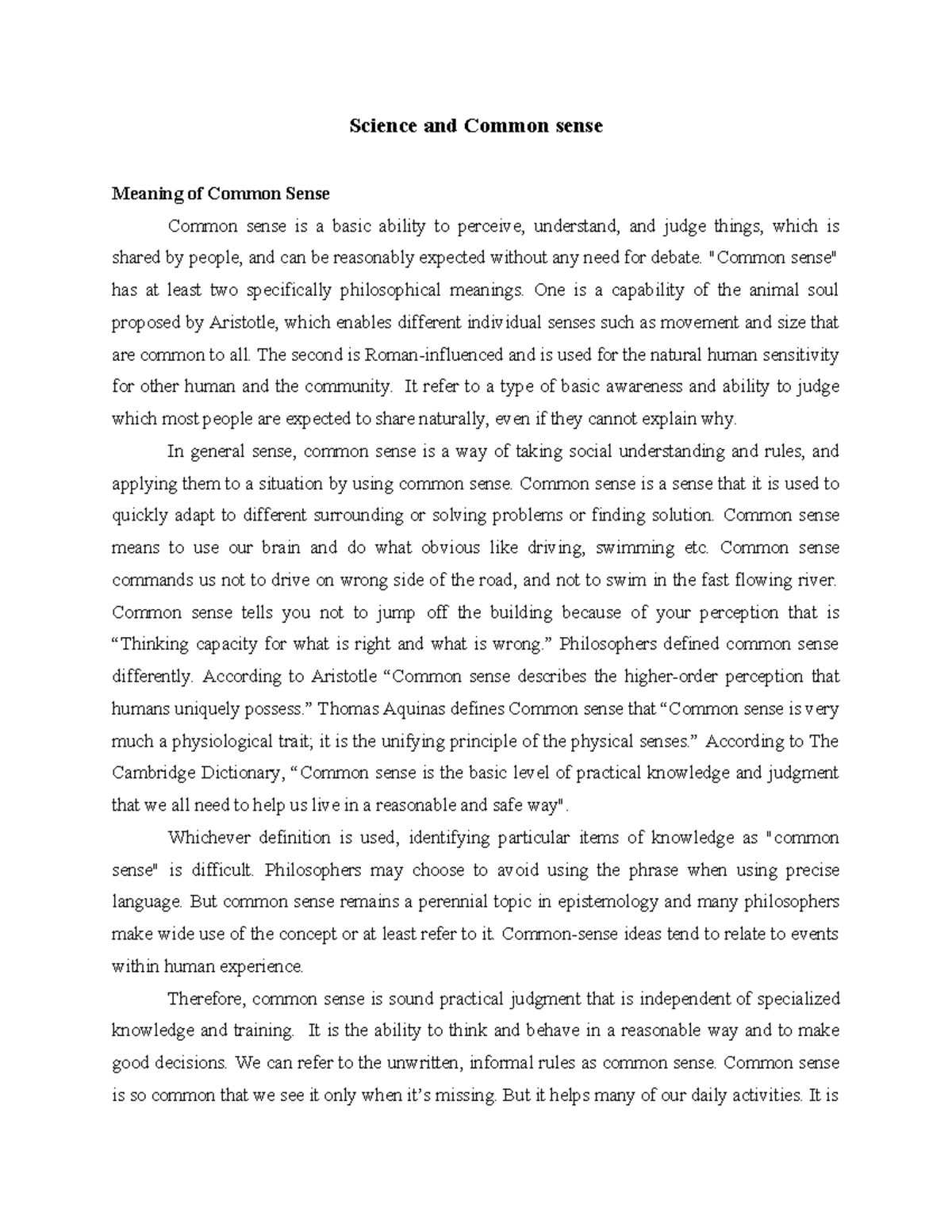 Science and Common Sense - Science and Common sense Meaning of Common ...