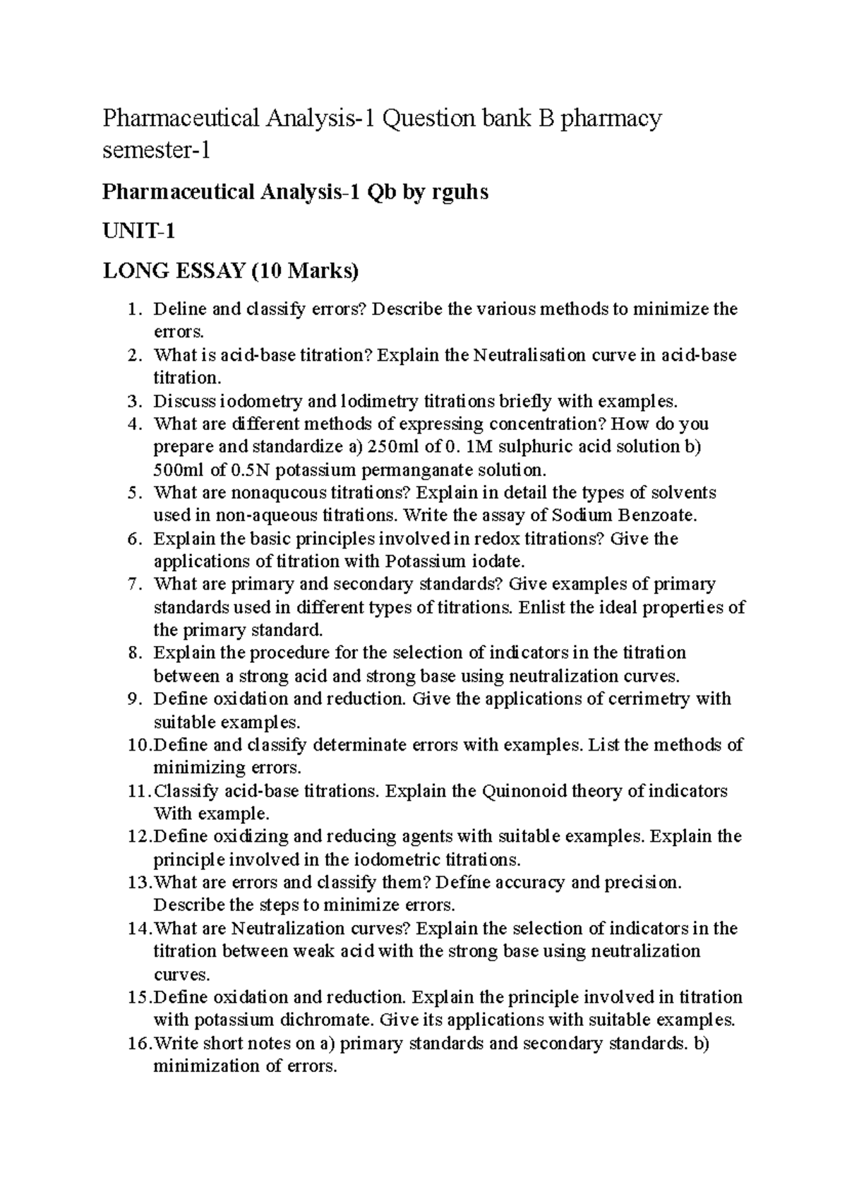 Pharmaceutical Analysis sem 1 qb - Pharmaceutical Analysis-1 Question bank B pharmacy semester ...
