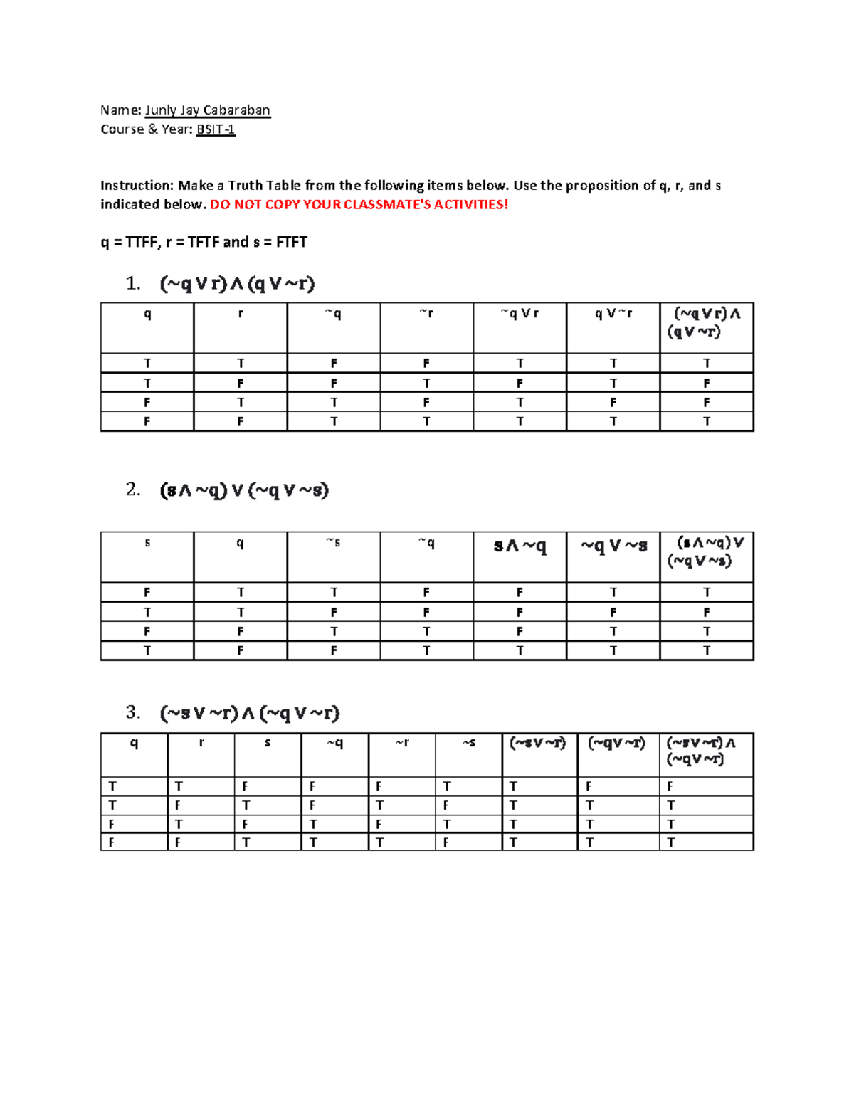 EXAM Truth Table - mkn;m; - Name: Junly Jay Cabaraban Course & Year ...