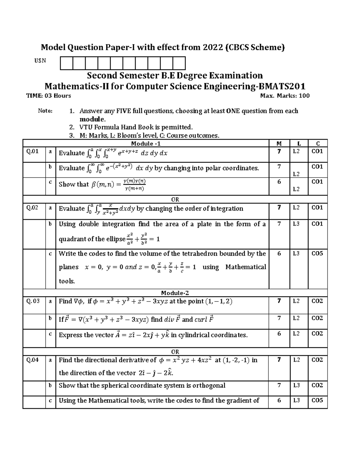 Solution to Model QP-1 ( Bmats 201) - Model Question Paper-I with ...
