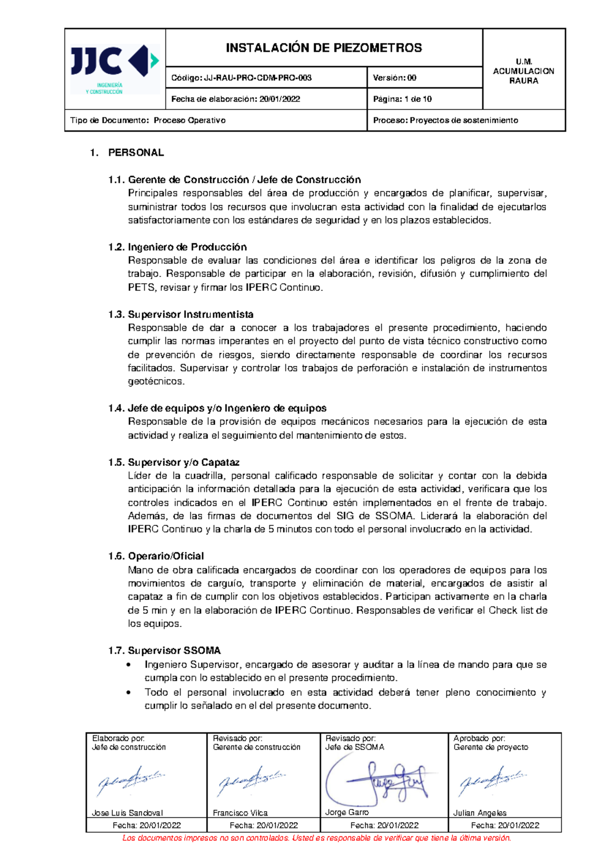 38. JJ-RAU-PRO-IPI-PRO-038 Instalación de Piezometros - U. ACUMULACION ...