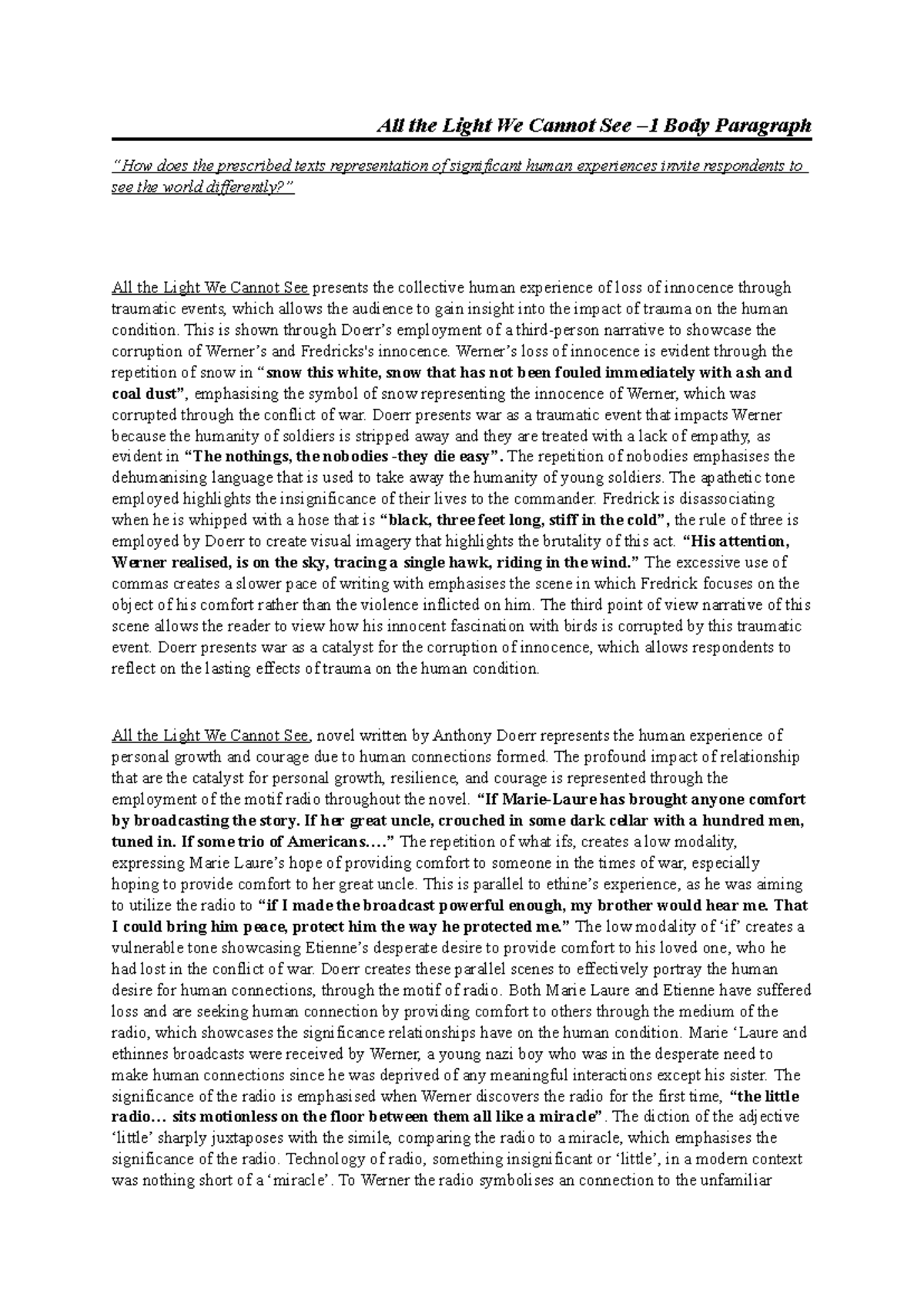 All the Light We Cannot See - essay - All the Light We Cannot See –1 ...