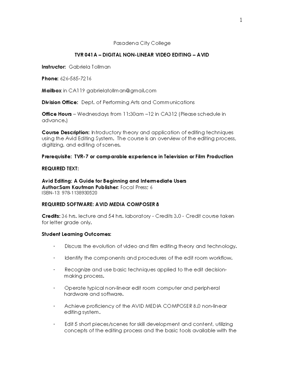 TVR041A– Sched Syllabus Fall-2019 - Pasadena City College TVR 041A ...