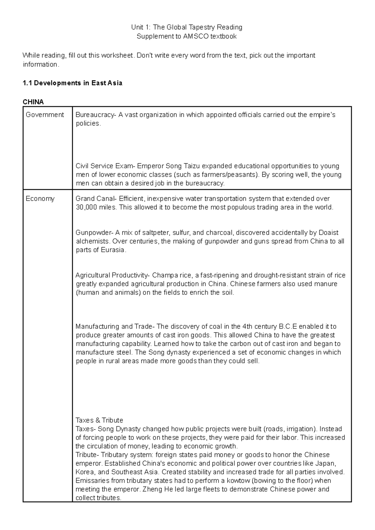 Apwh amsco guided reading unit 1 the global tapestry - Unit 1: The ...