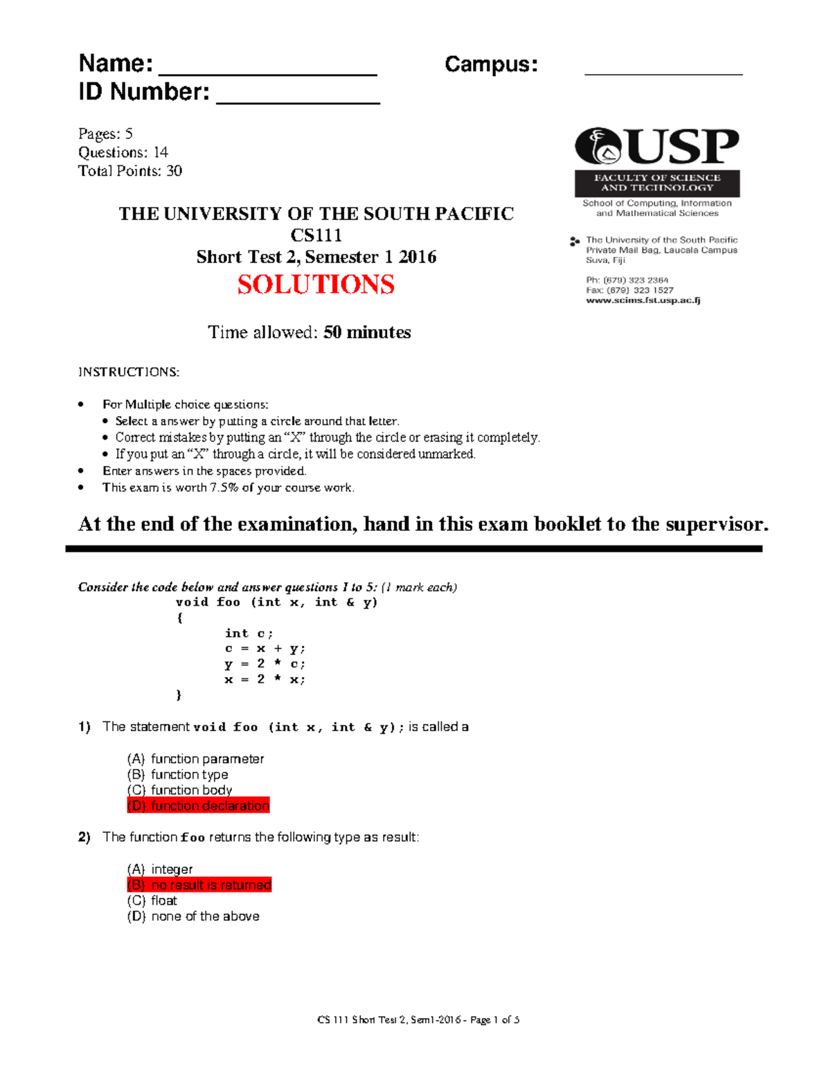 Cs111 Test Two Solution Semester Two 2016 Name Campus 