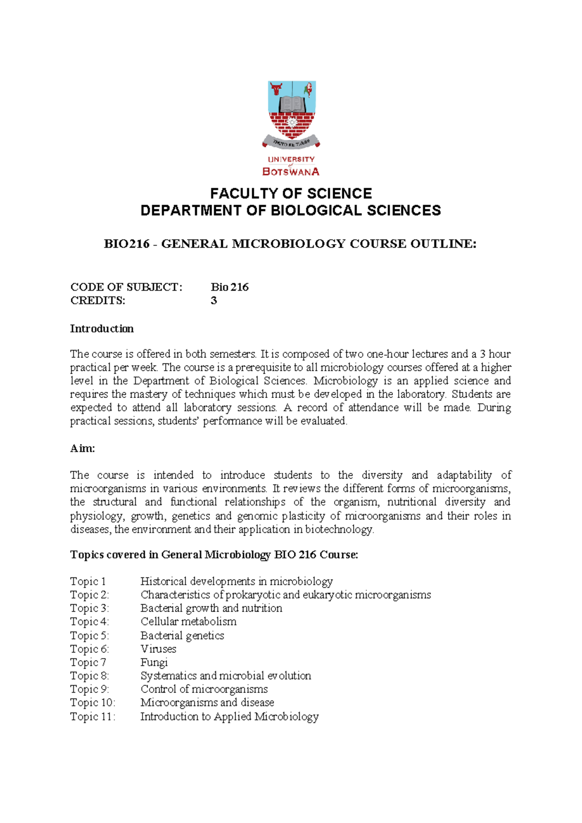 BIO 216 course outline - FACULTY OF SCIENCE DEPARTMENT OF BIOLOGICAL ...