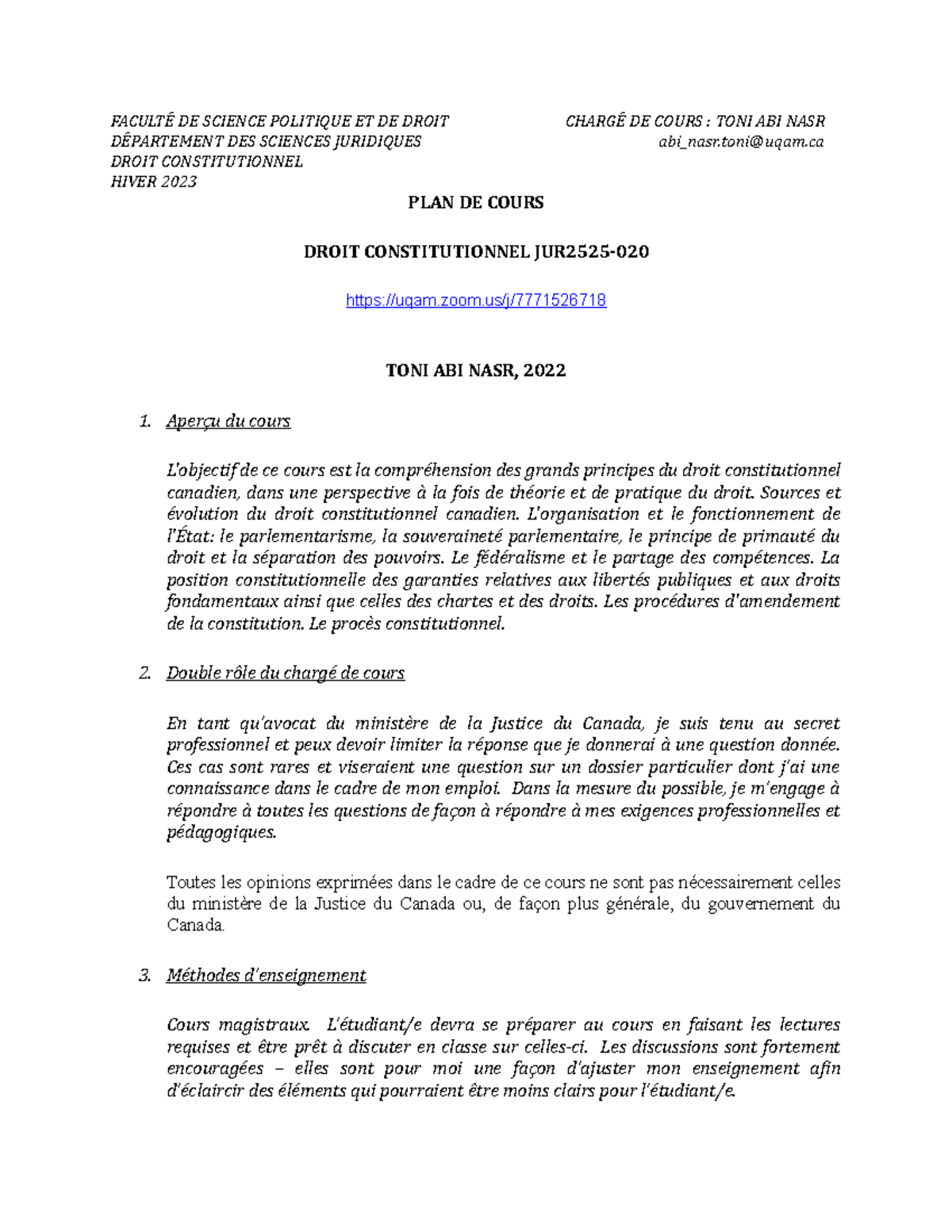 Plan de cours - Droit constitutionnel - FACULTÉ DE SCIENCE POLITIQUE ET DE DROIT CHARGÉ DE COURS ...