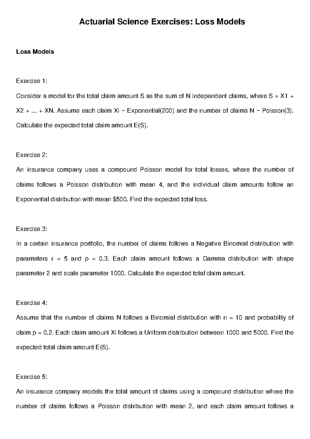 Actuarial Science Loss Models Exercises - Actuarial Science Exercises ...