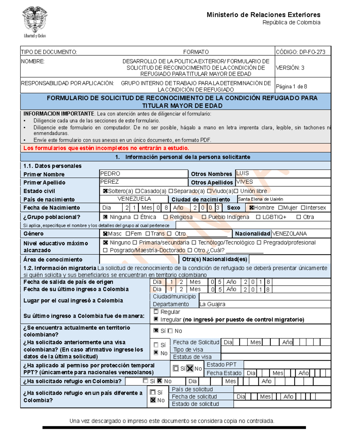 Solicitud De Refugiado modelo - República de Colombia TIPO DE DOCUMENTO ...