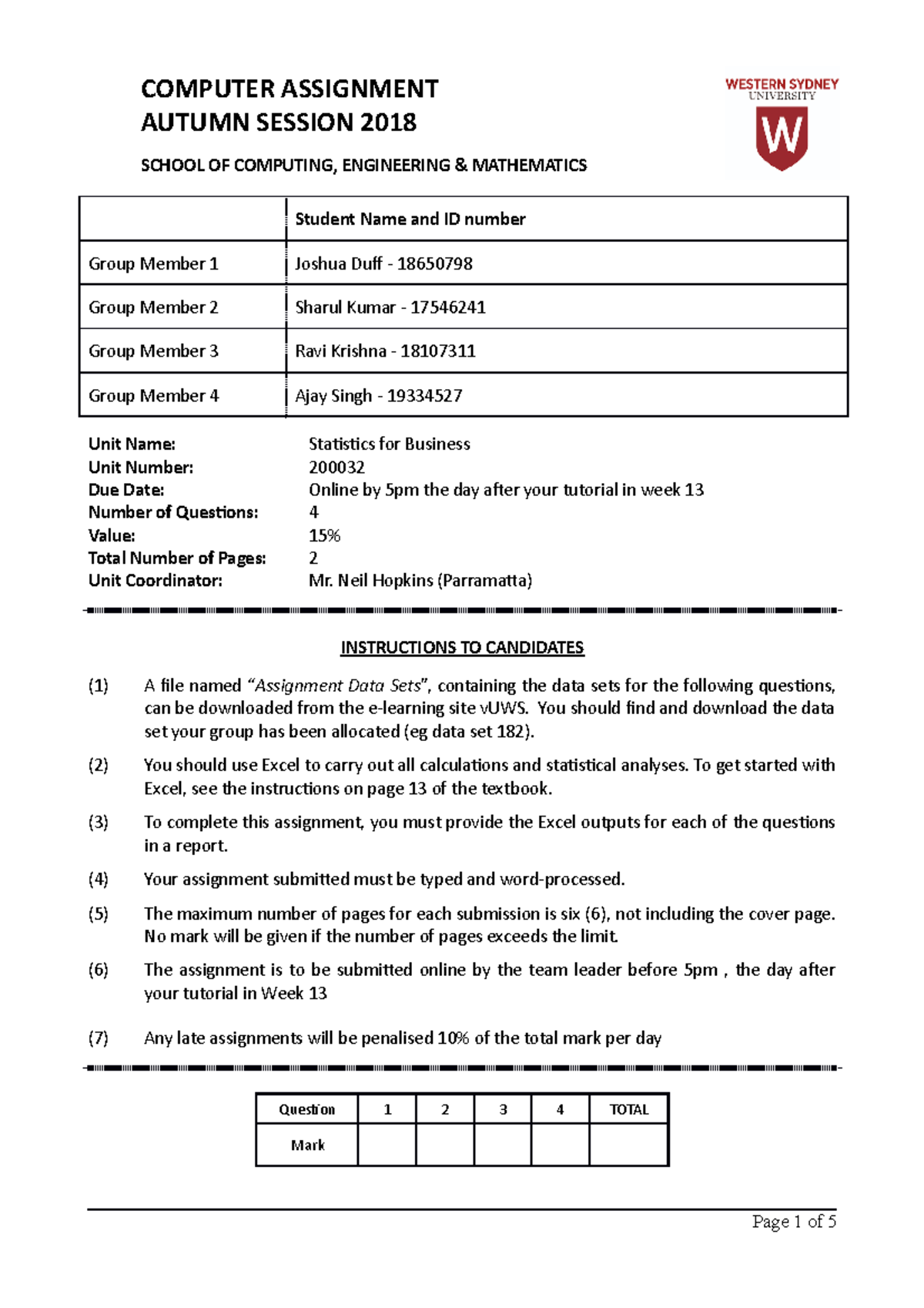 Stats Assignment 2018 Aut - COMPUTER ASSIGNMENT AUTUMN SESSION 2018 ...