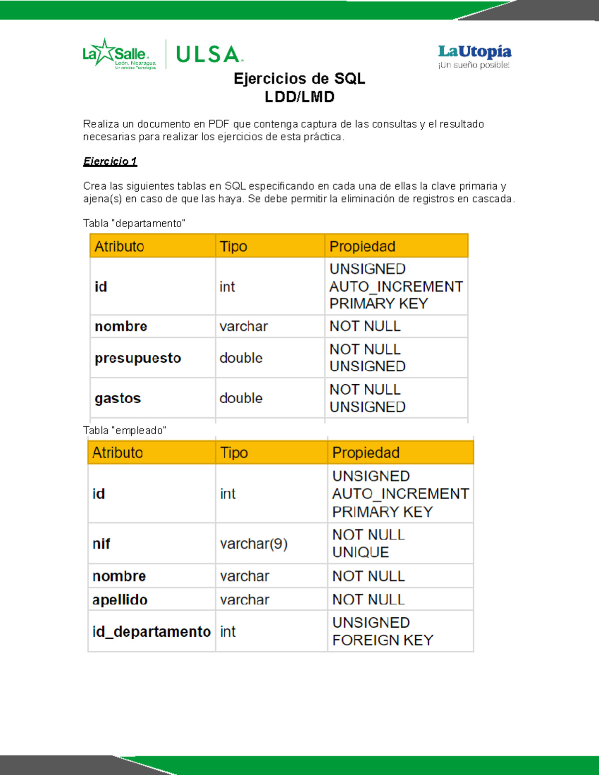 Trabajo SQL LDD LMD - base de datos - Ejercicios de SQL LDD/LMD Realiza un documento en PDF que ...