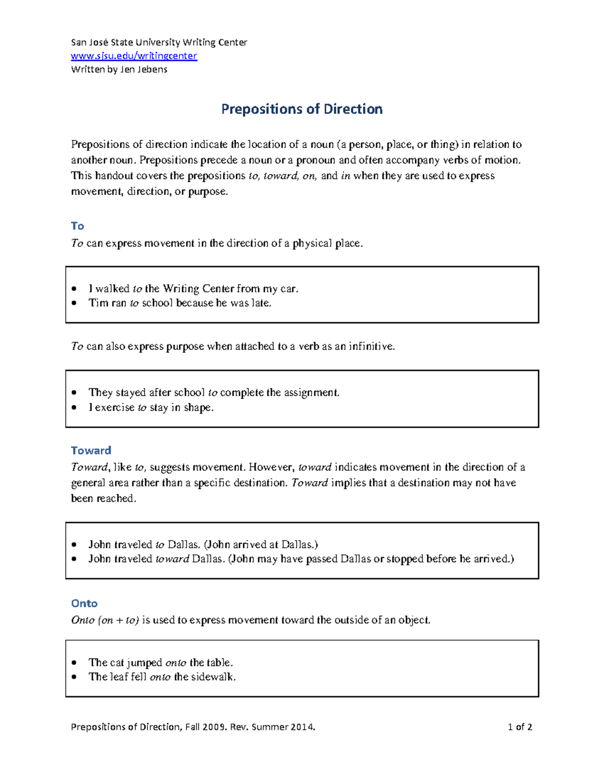 Prepositions of Direction - San José State University Writing Center ...