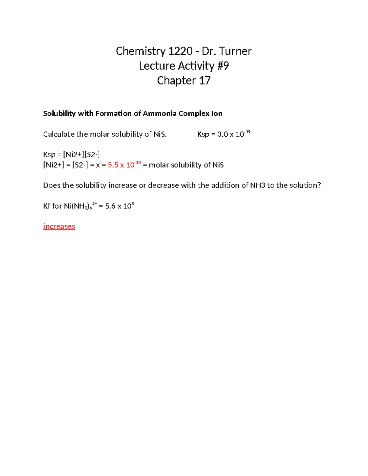 Key Lecture Activity 9 Chemistry 1220 Dr Turner Lecture Activity Chapter 17 Solubility