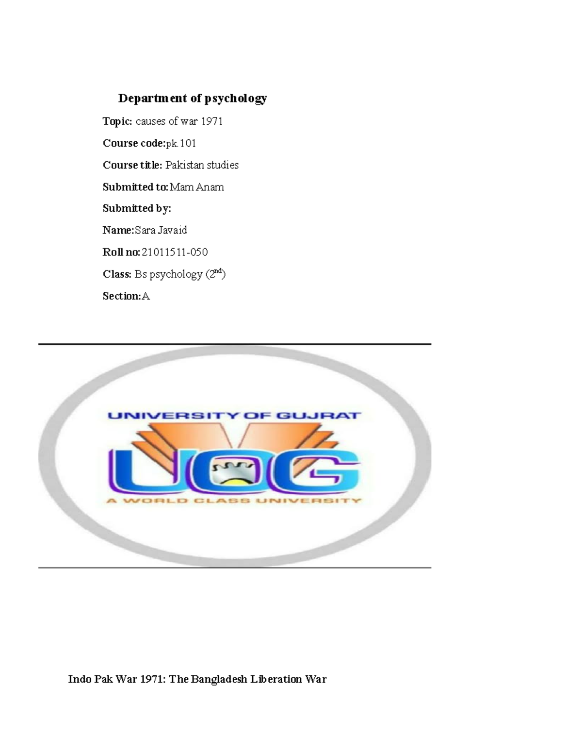 Pak studies assignment - Department of psychology Topic: causes of war ...