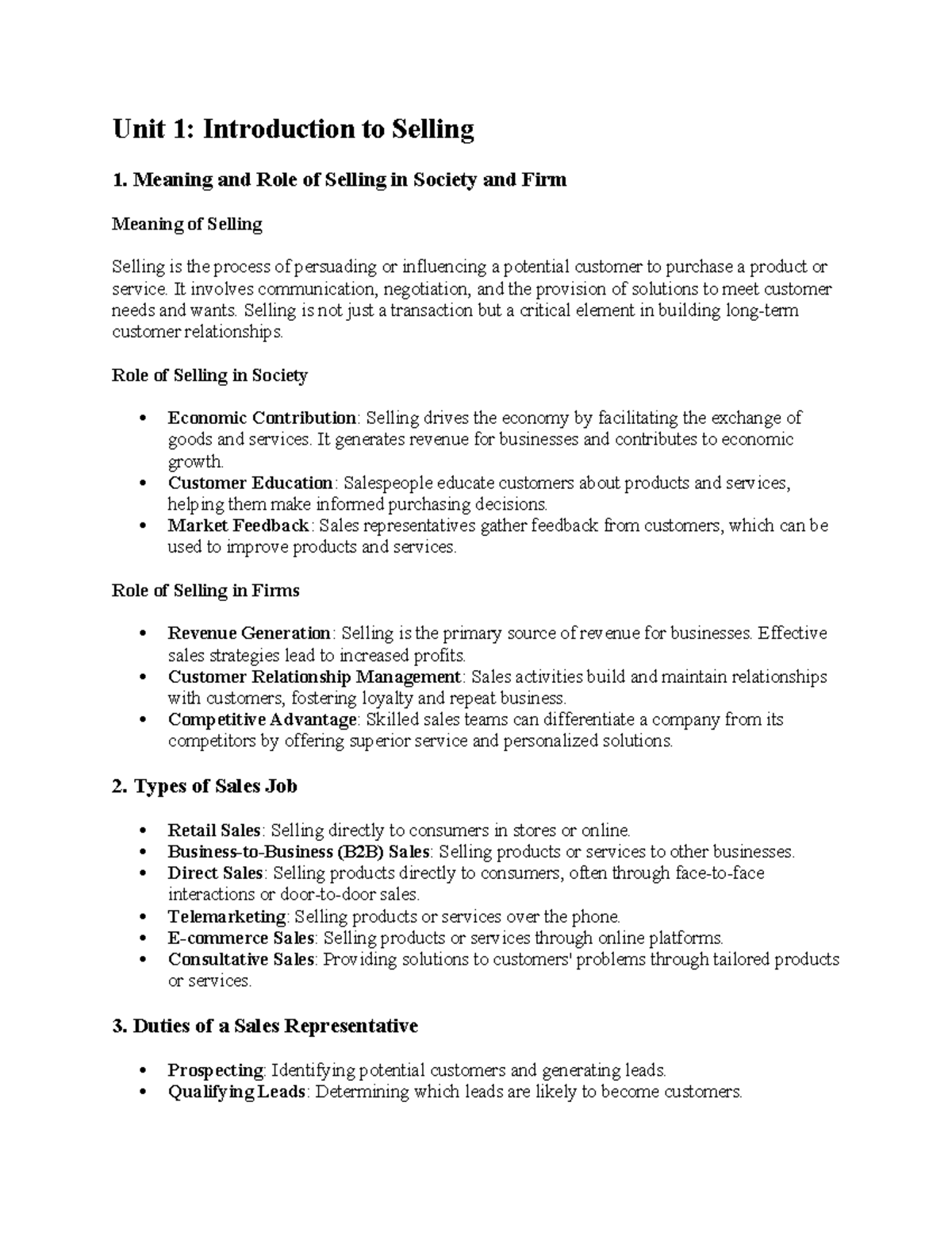 Fundamental of selling full note - Unit 1: Introduction to Selling 1 ...