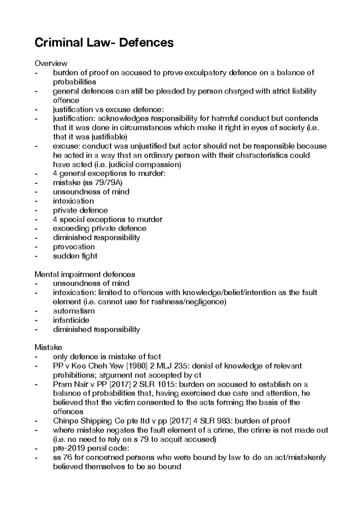 Defences (Part A) - Criminal Law- Defences Overview ⁃ burden of proof ...