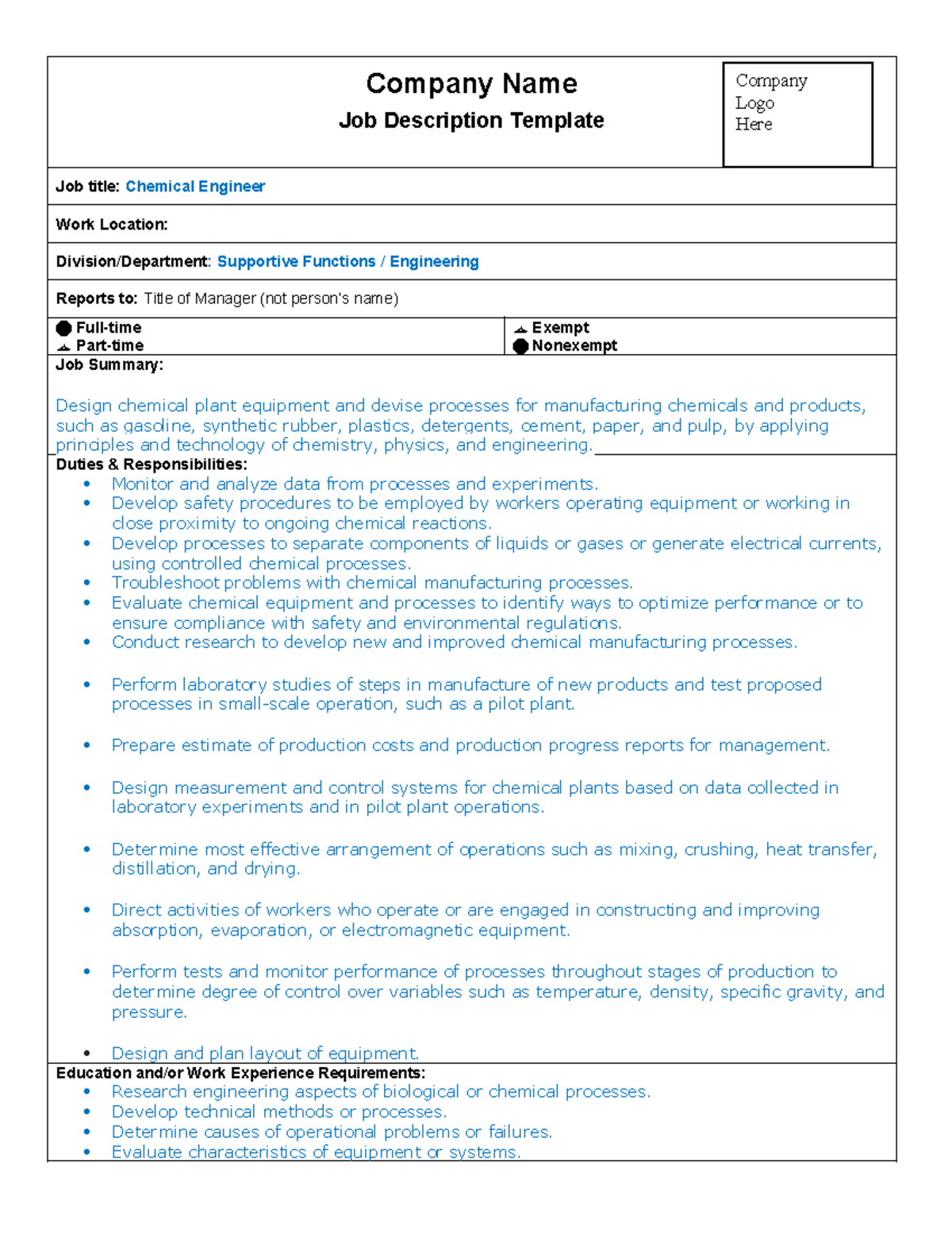 Chemical Engineer - job description - Company Name Job Description ...