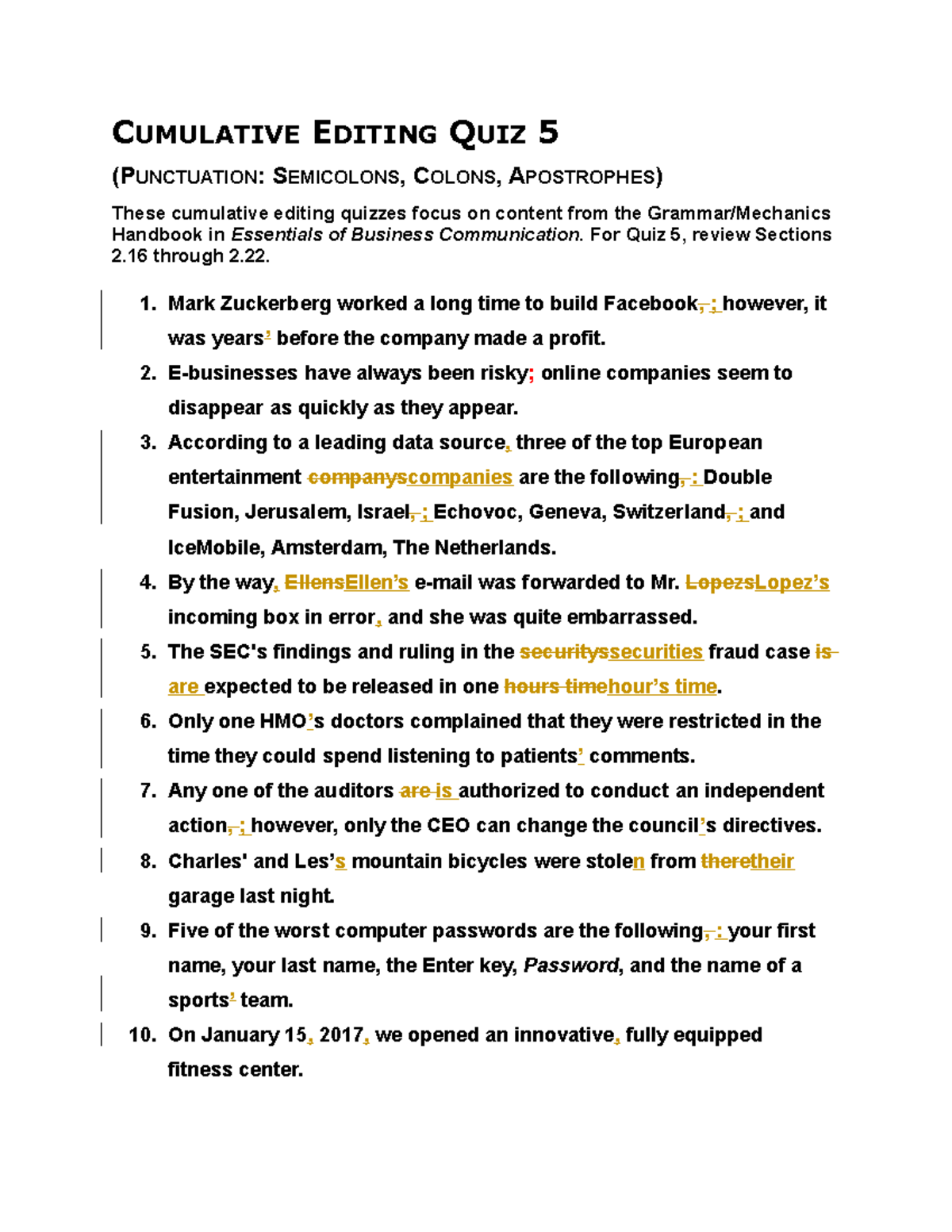 Cumulative Editing Quiz 5 Colons, Semicolons, Apostrophes - CUMULATIVE ...