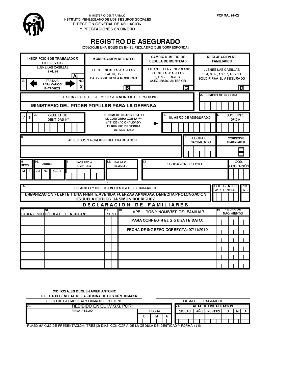 Forma 14 02 Registro DE Asegurado - A SI NO B C 1. 2. NUMERO DE EMPRESA ...