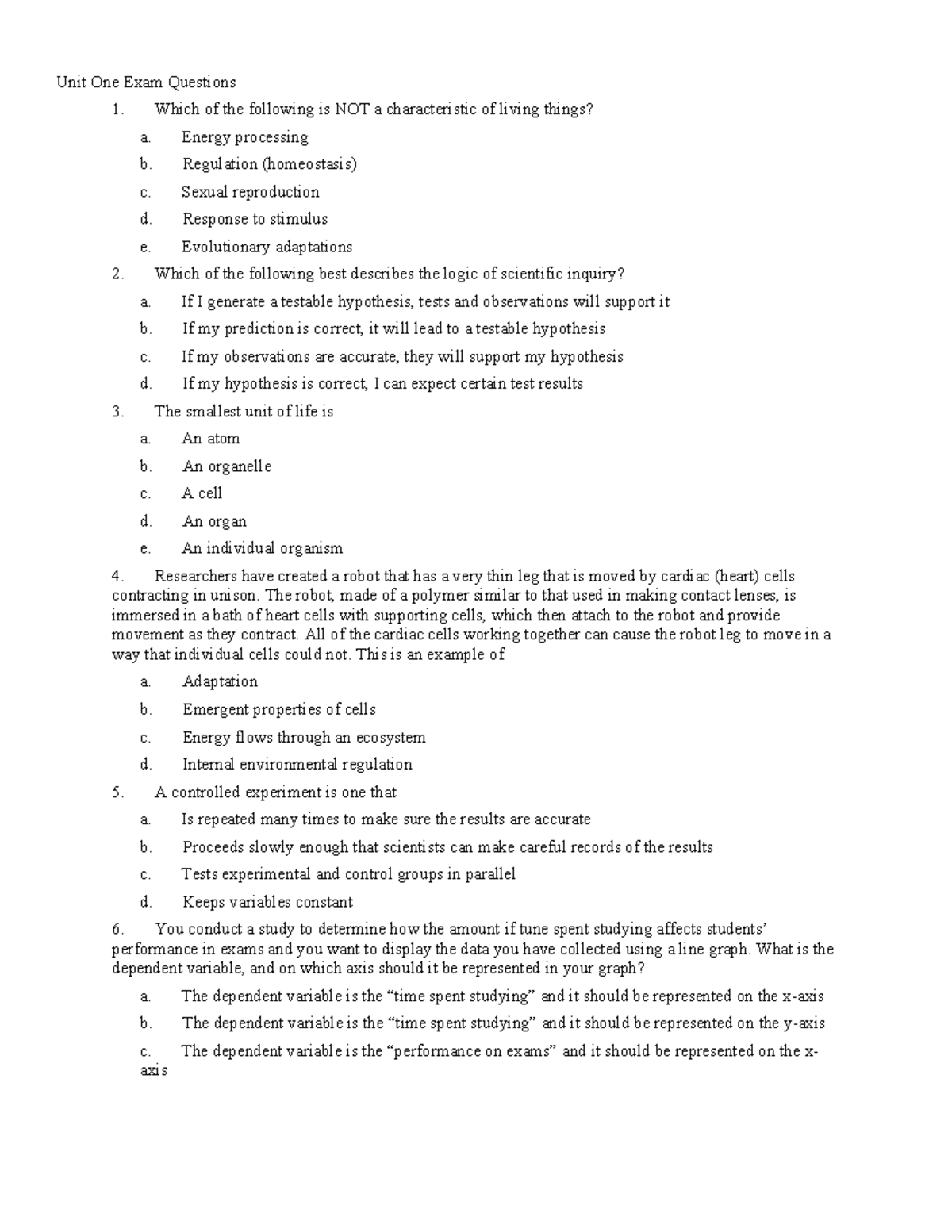 Unit Exam Study Guide/Exam Questions - Unit One Exam Questions 1. Which ...