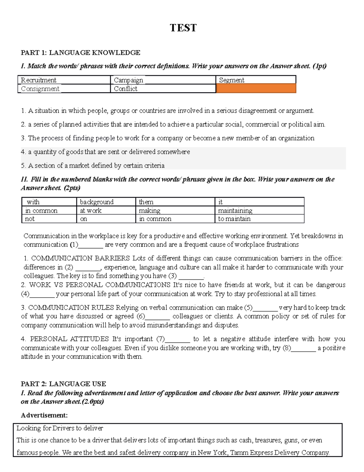 3. TEST - Business - TEST PART 1: LANGUAGE KNOWLEDGE I. Match the words ...