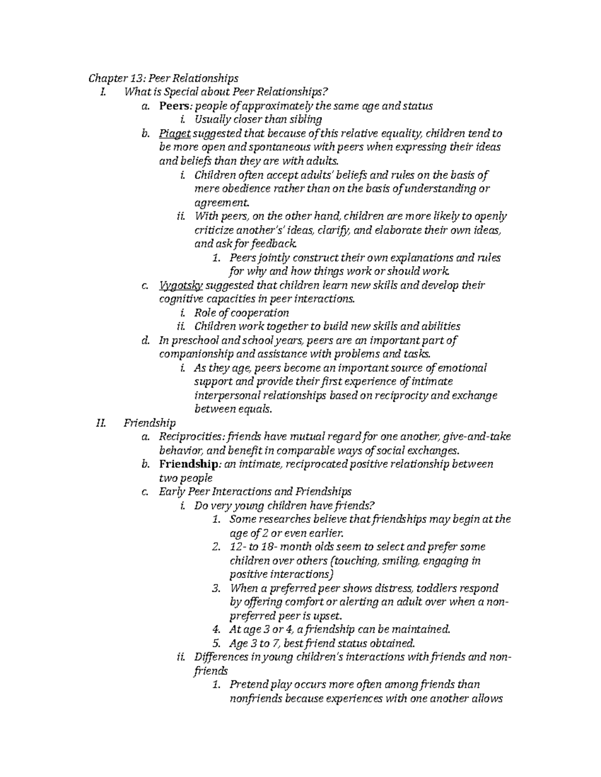 Chapter 13 Textbook outline - Chapter 13: Peer Relationships I. What is ...